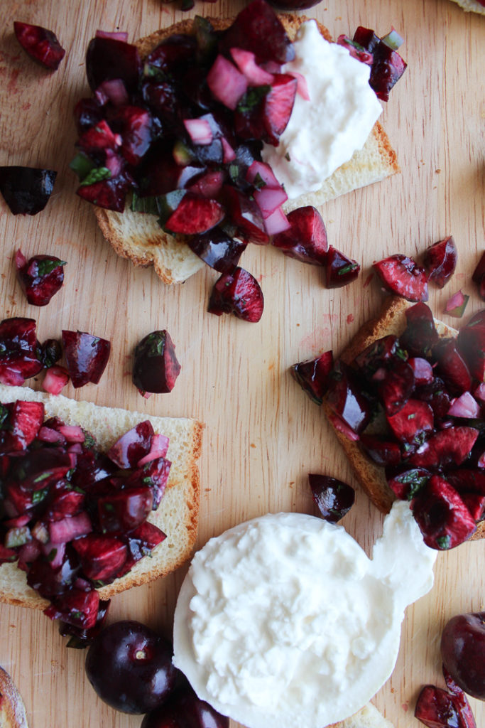 Grilled bread and burrata with fresh cherry salsa | One Girl. One Kitchen.