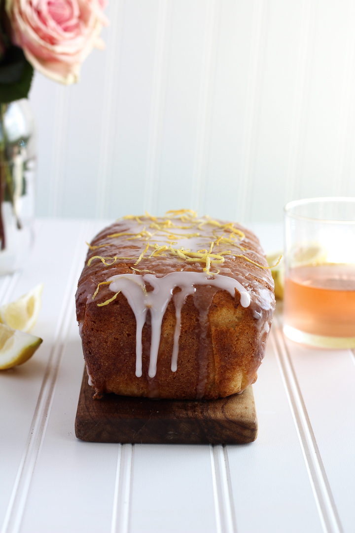 Lemon rosé loaf cake with rosé glaze - One Girl. One Kitchen.