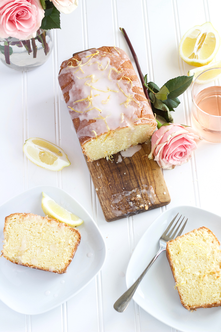 Lemon rosé loaf cake with rosé glaze - One Girl. One Kitchen.