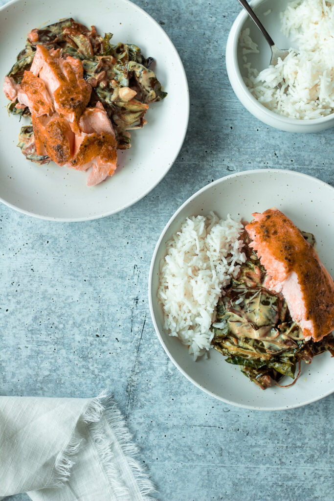 Slow-roasted curried salmon and coconut braised greens - One Girl. One ...