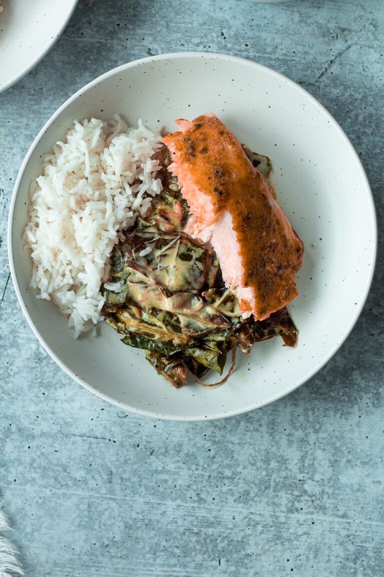 Slow-roasted curried salmon and coconut braised greens - One Girl. One ...