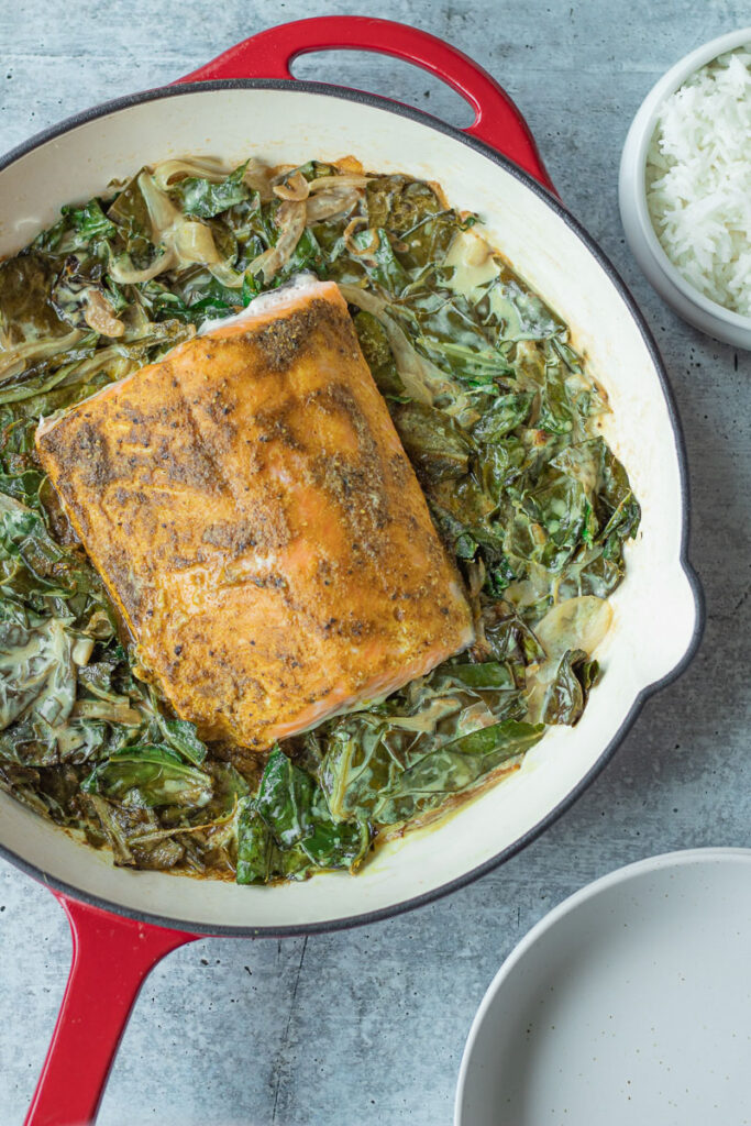 Slow-roasted curried salmon and coconut braised greens - One Girl. One ...