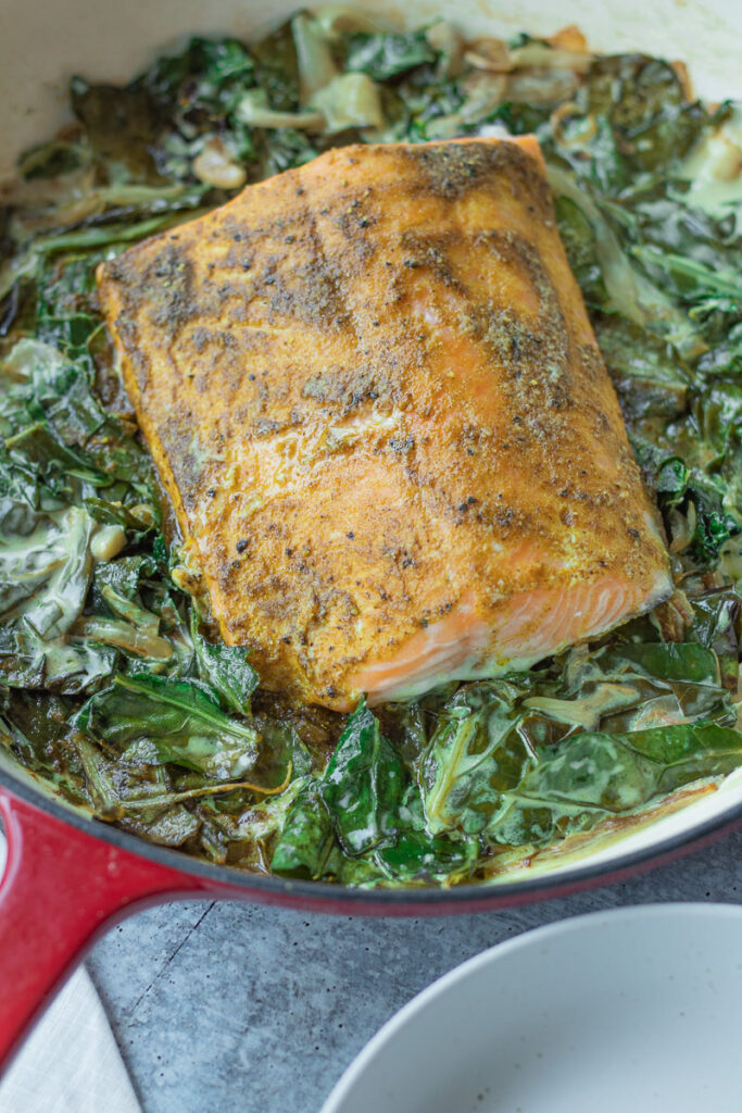 Slow-roasted curried salmon and coconut braised greens - One Girl. One ...